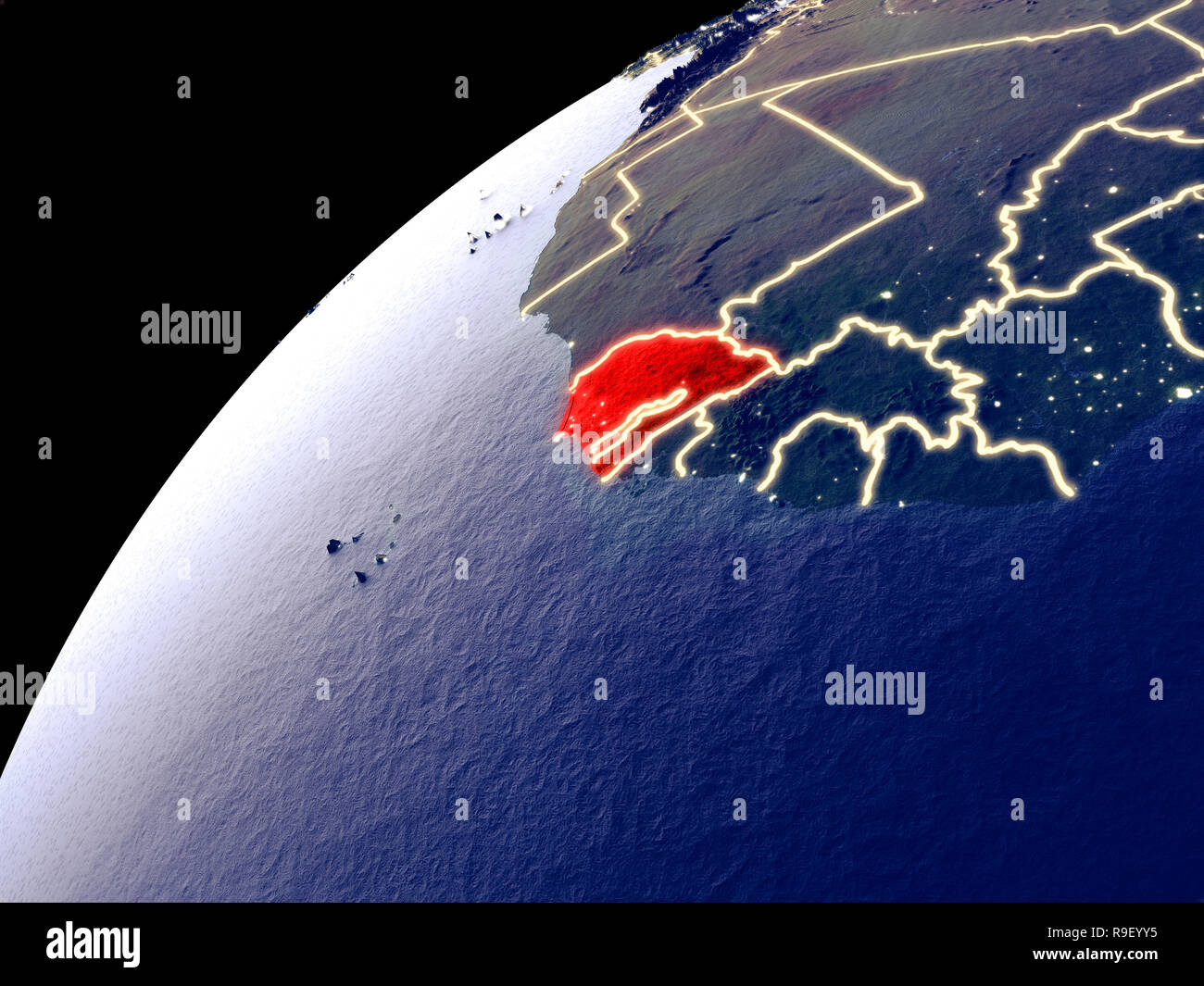Satellite view of Senegal on Earth with city lights. Extremely detailed ...