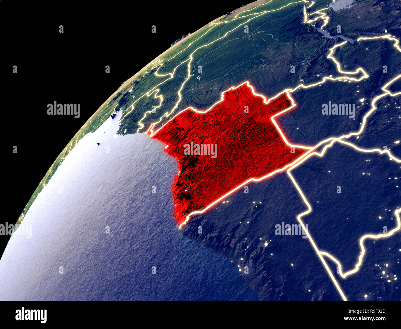 Satellite view of Angola on Earth with city lights. Extremely detailed ...