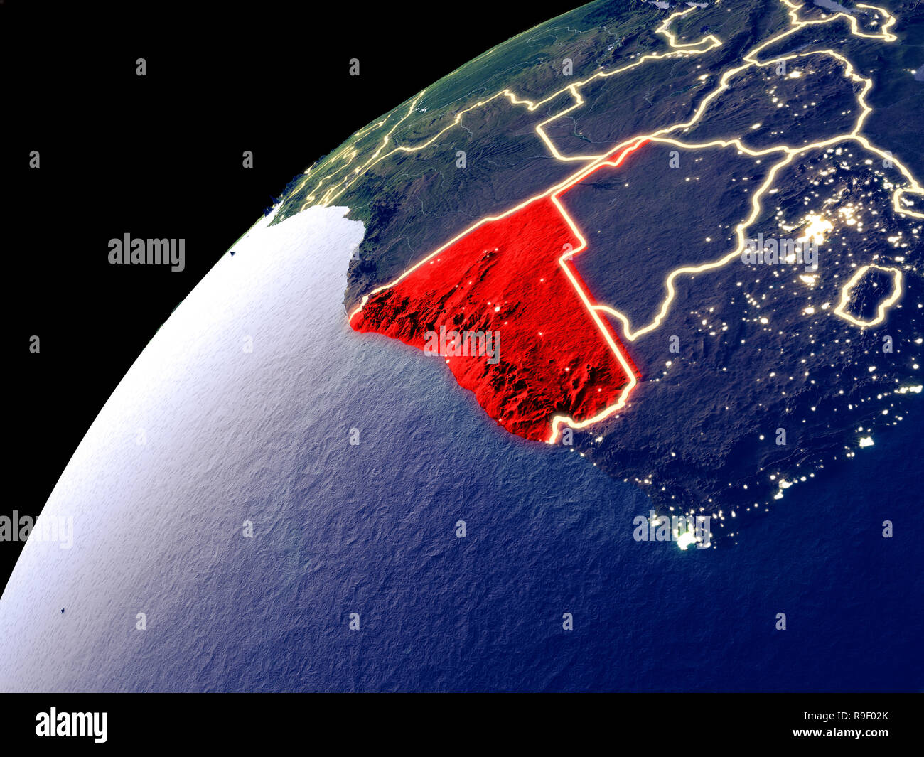 Satellite view of Namibia on Earth with city lights. Extremely detailed ...