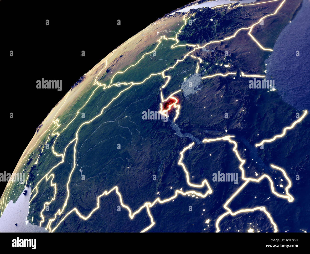 Satellite view of Rwanda on Earth with city lights. Extremely detailed ...