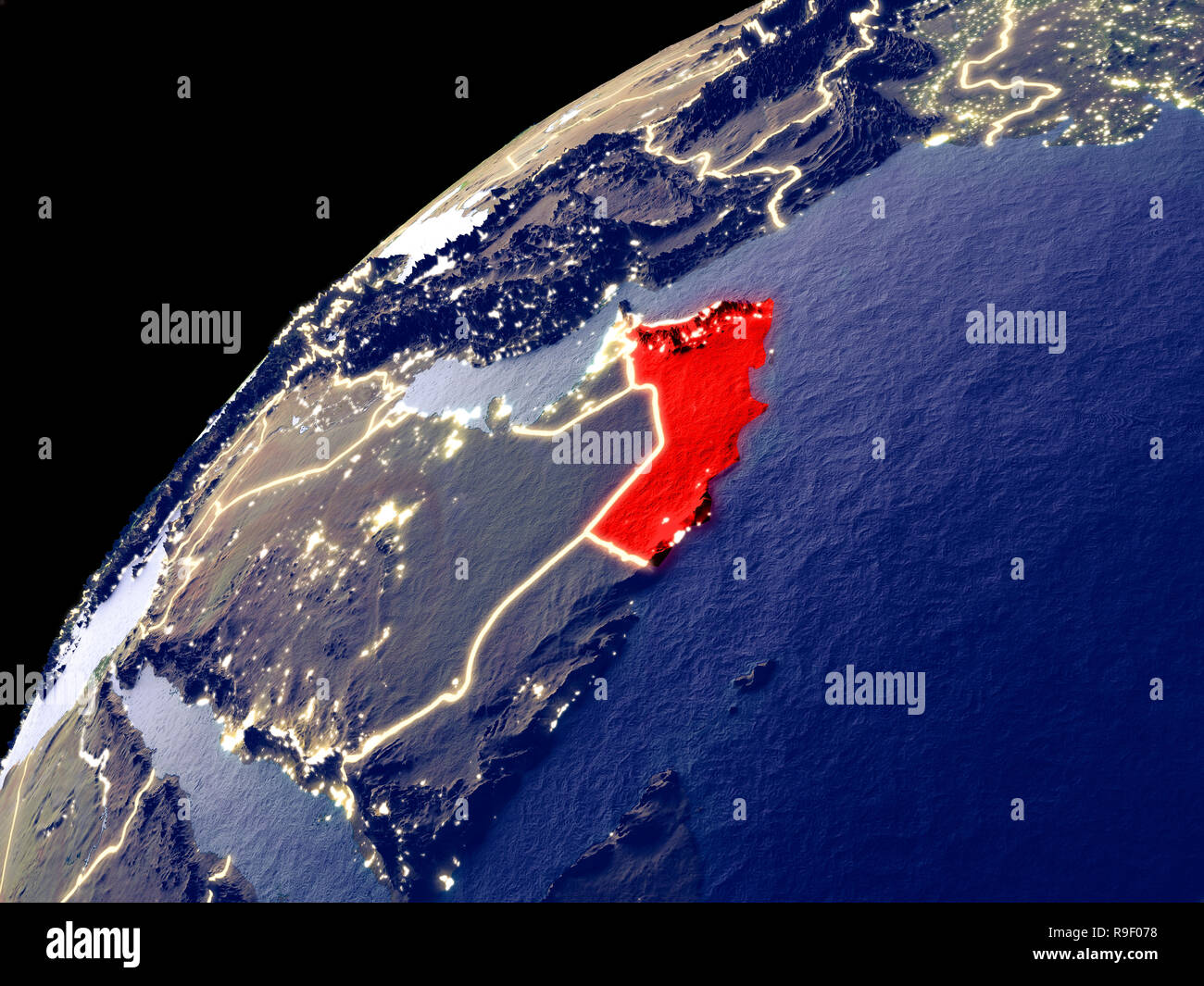 Satellite view of Oman on Earth with city lights. Extremely detailed ...