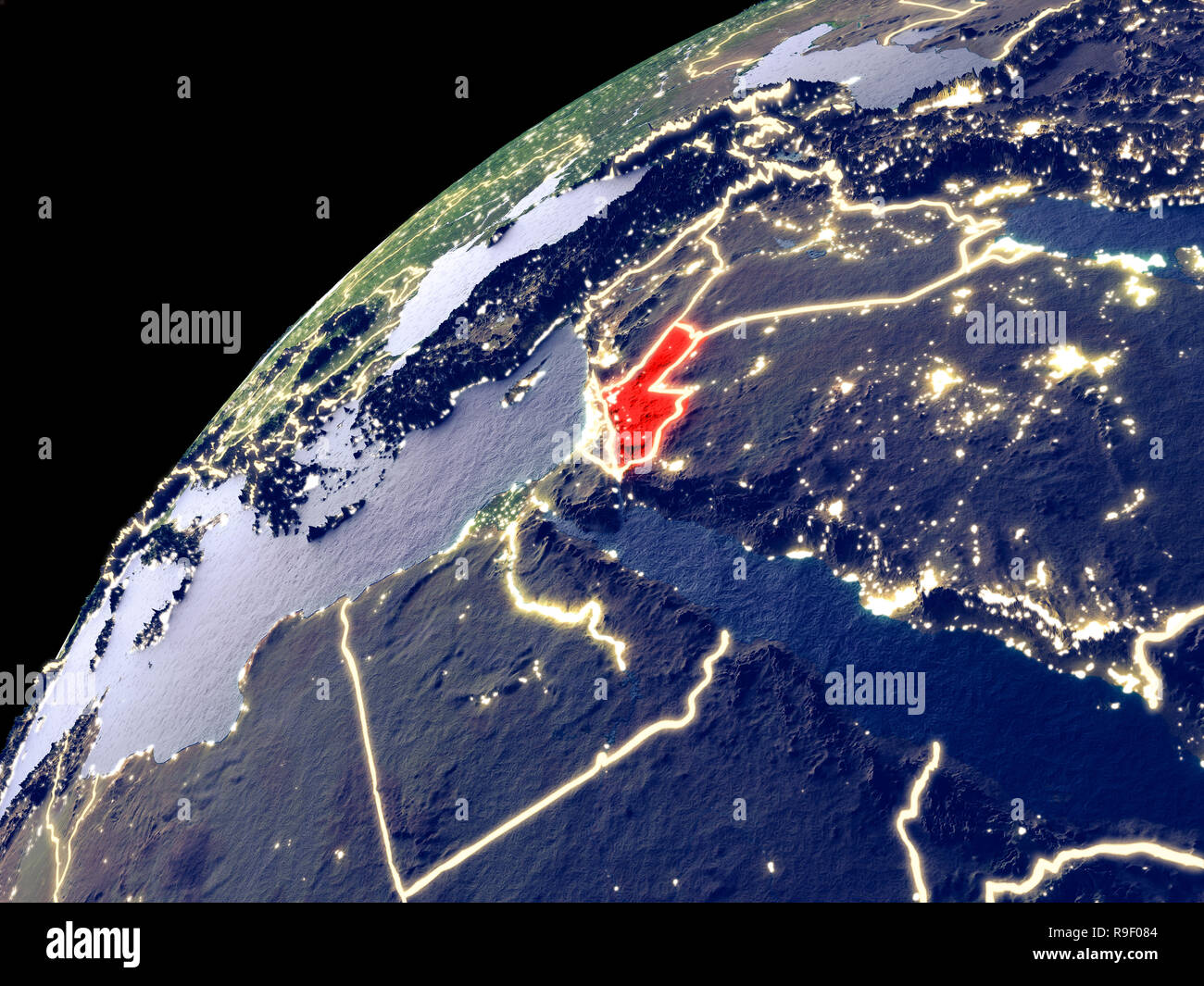 Satellite view of Jordan on Earth with city lights. Extremely detailed ...