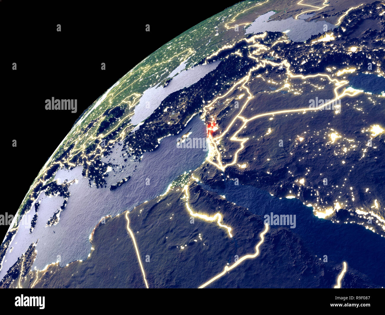Satellite view of Lebanon on Earth with city lights. Extremely detailed ...
