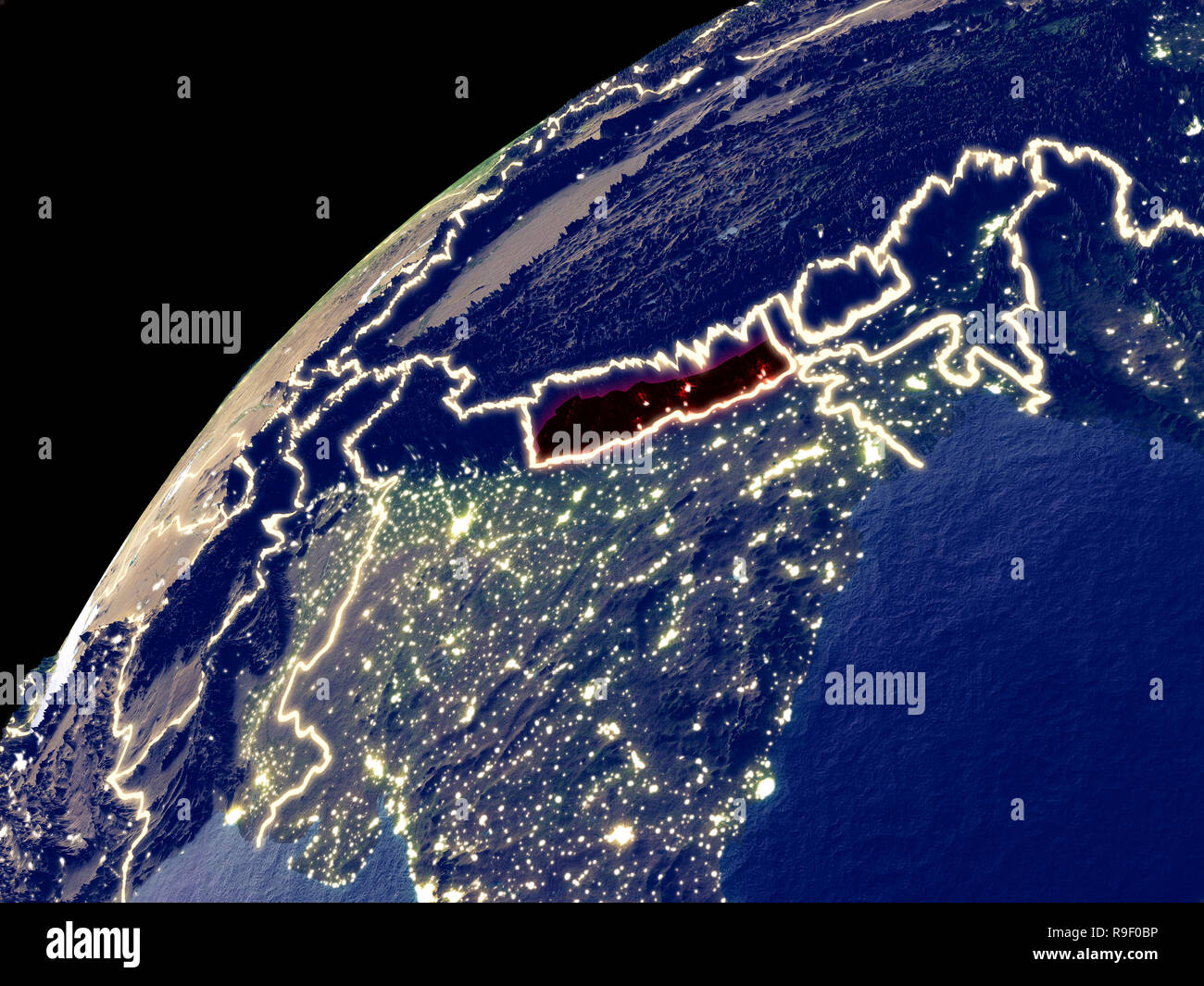 Satellite view of Nepal on Earth with city lights. Extremely detailed ...