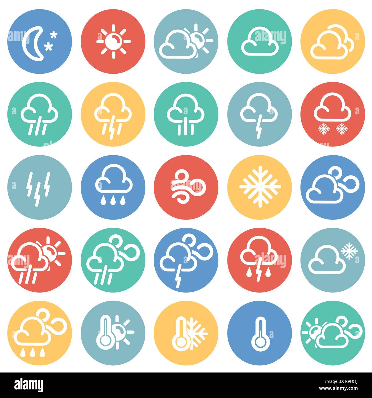 Weather forecast icons set on color circles background for graphic and ...
