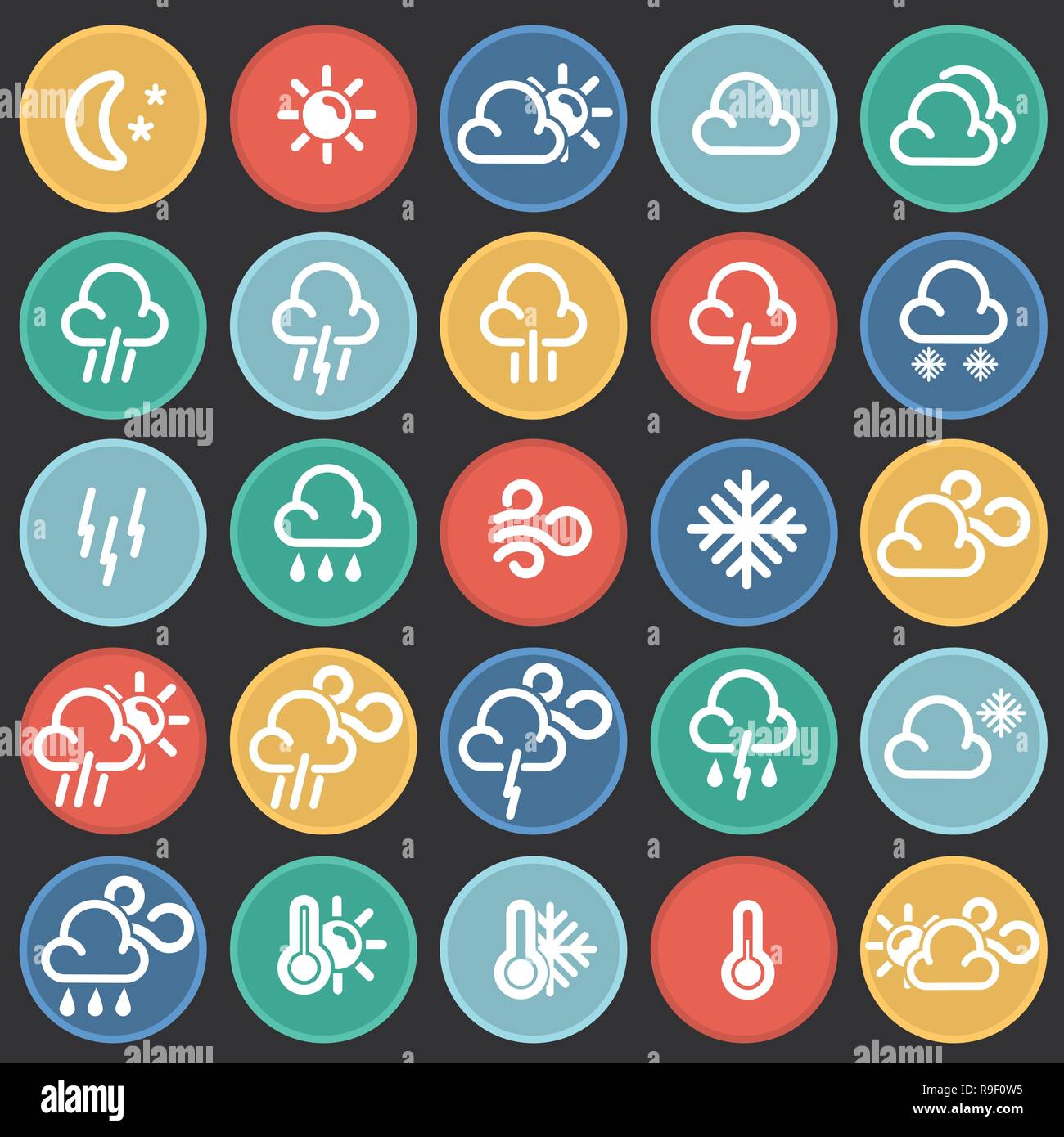 Weather forecast icons set on color circles black background for ...