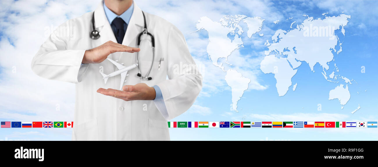 travel medical insurance concept, doctor's hands protect an airplane on ...