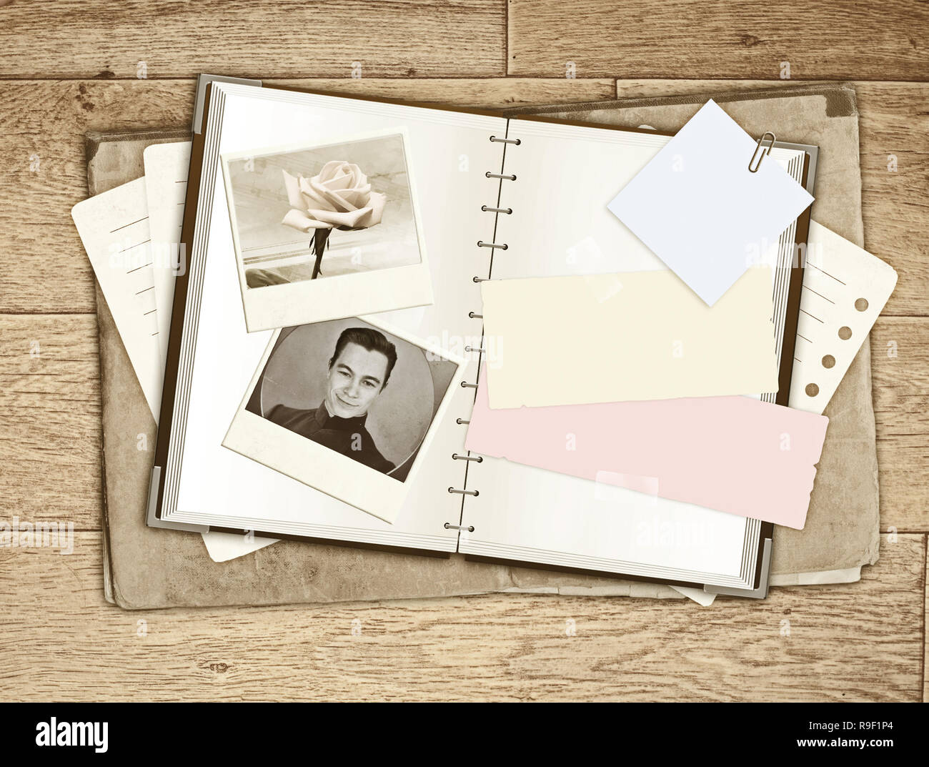 Grunge background with notebook and photos Stock Photo - Alamy