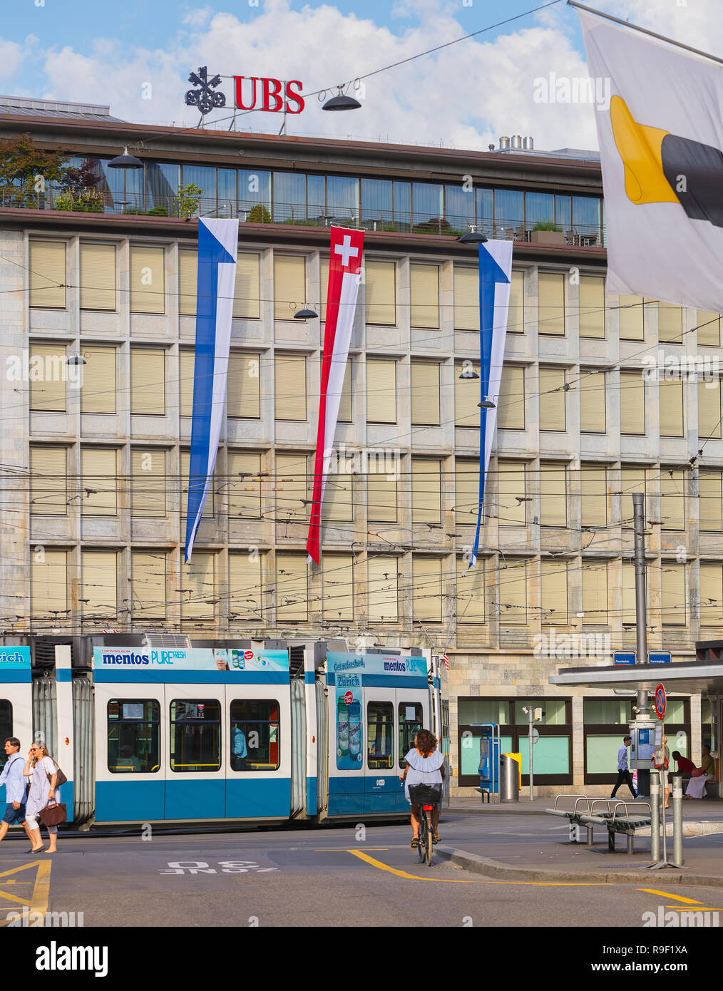 Zurich, Switzerland - July 30, 2016: people and a tram on Paradeplatz ...