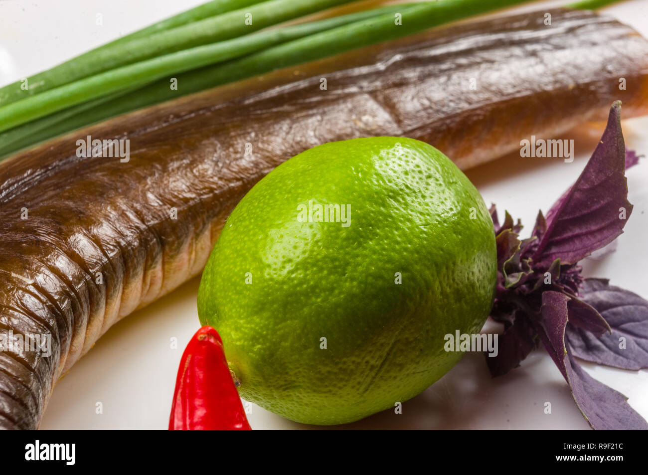 still life - smoked garfish with lime, Basil, green onions, chili, nori ...