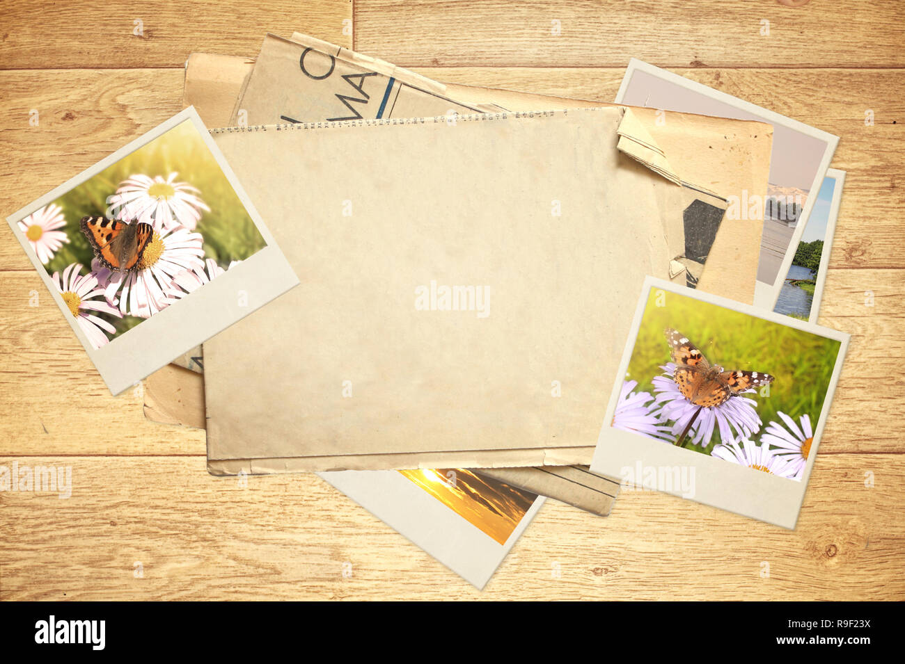Memories. Sheet old paper and photos Stock Photo - Alamy