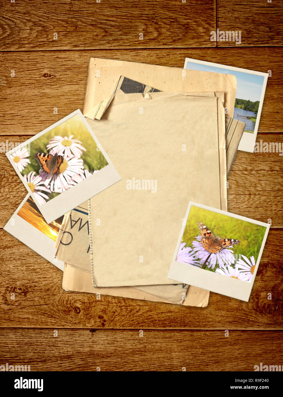 Memories. Sheet old paper and photos Stock Photo - Alamy