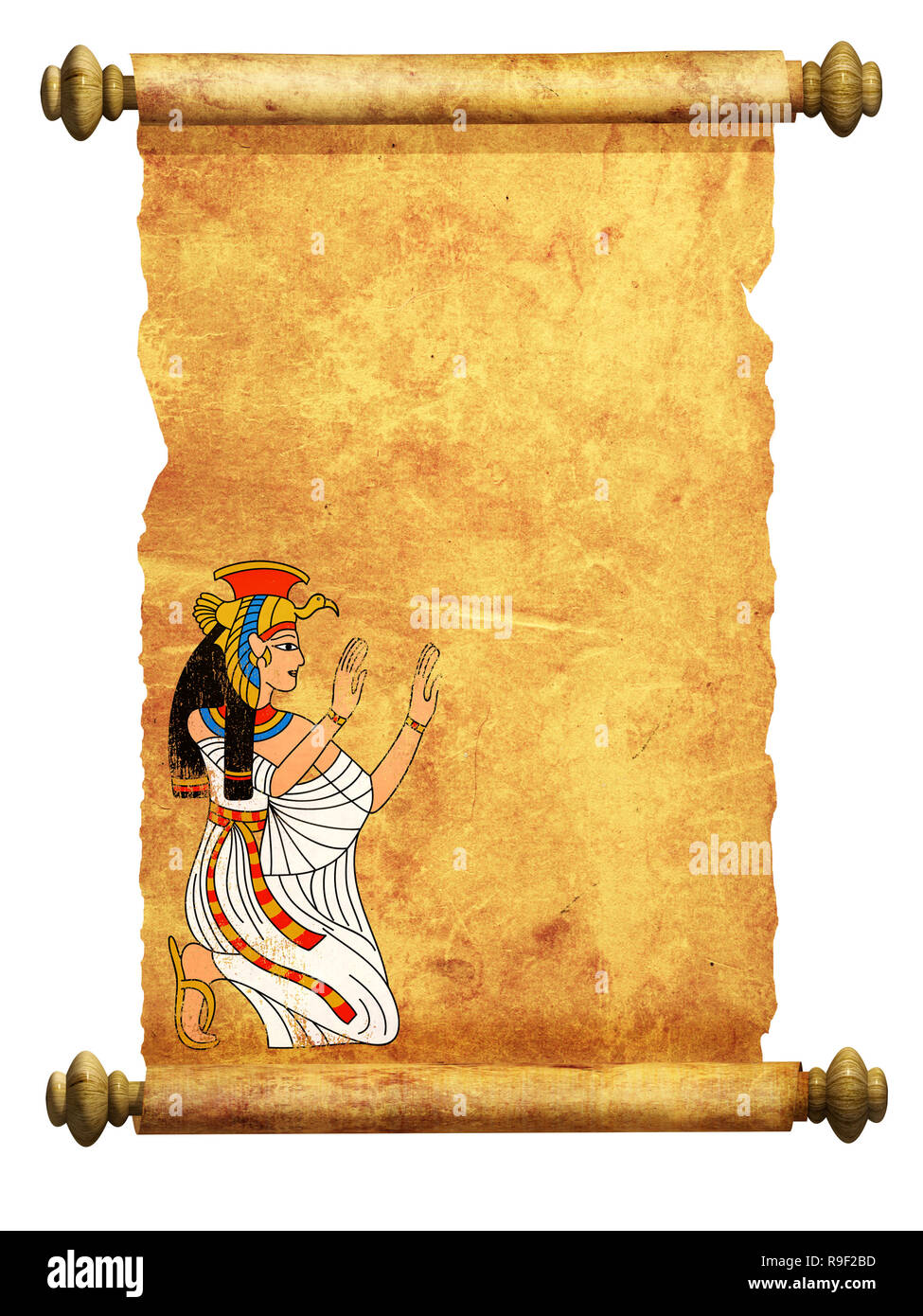 Scroll with Egyptian goddess Isis image. Isolated over white Stock ...