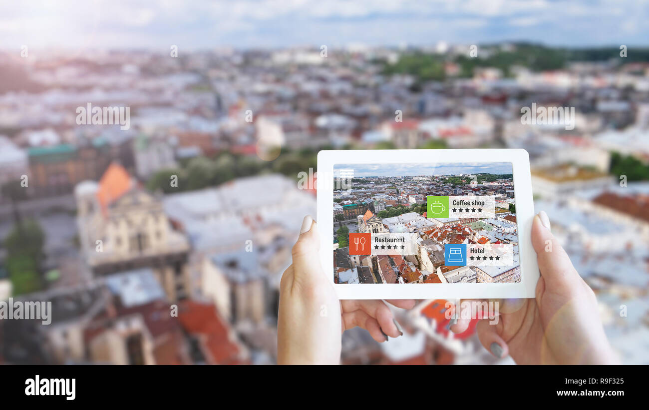 Augmented reality marketing concept. Hand holding tablet use AR ...