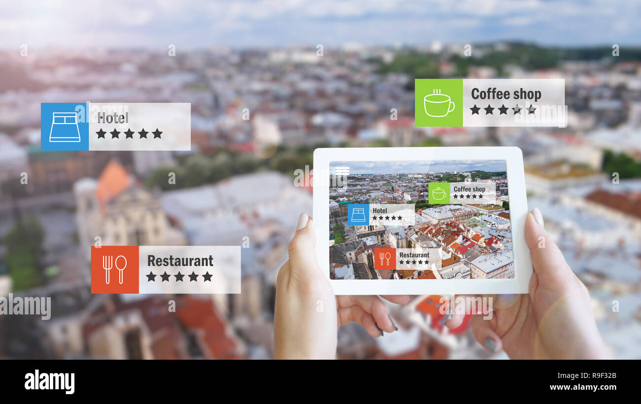 Augmented reality marketing concept. Hand holding tablet use AR ...