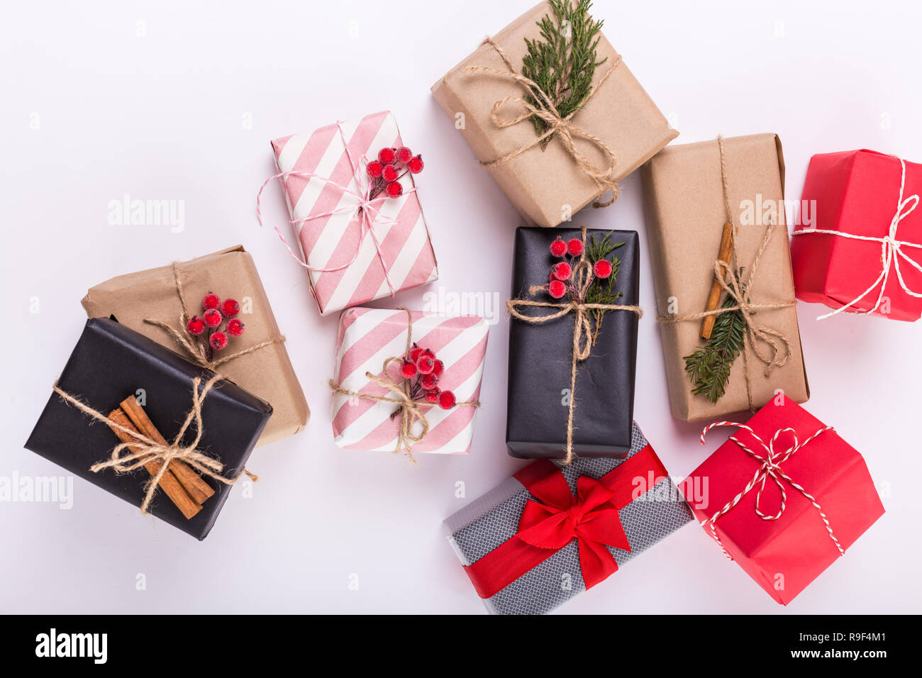 A lot of christmas presents isolated on white background. Multiple new ...