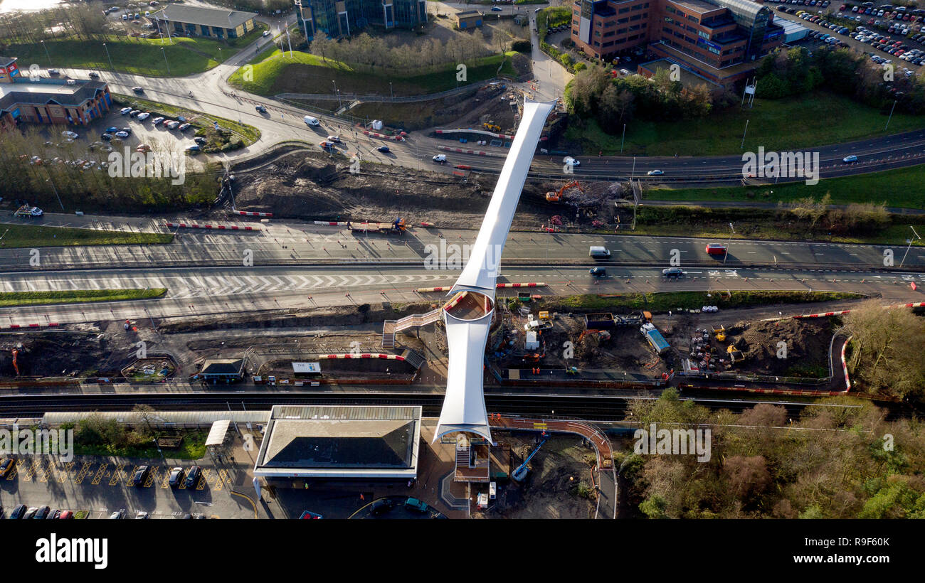 Aerial view of Telford in Shropshire with the new railway station ...