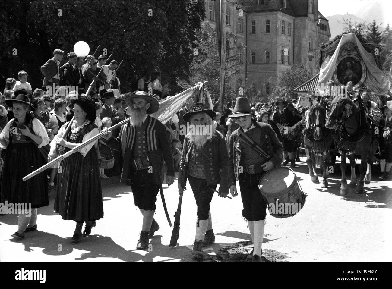 Traditional Austrian festival street parade in the Tyrol Austria 1948 ...
