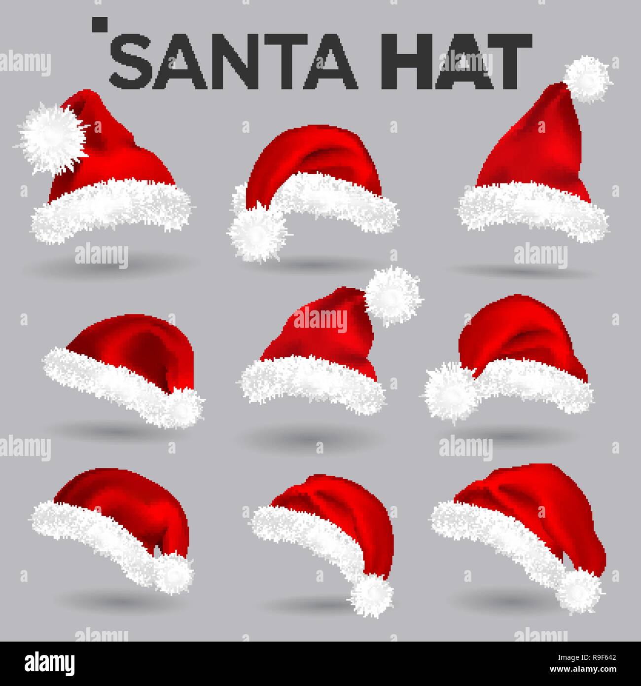 Santa Hat Set Vector. Santa Claus Holiday Red And White Cap Colllection ...