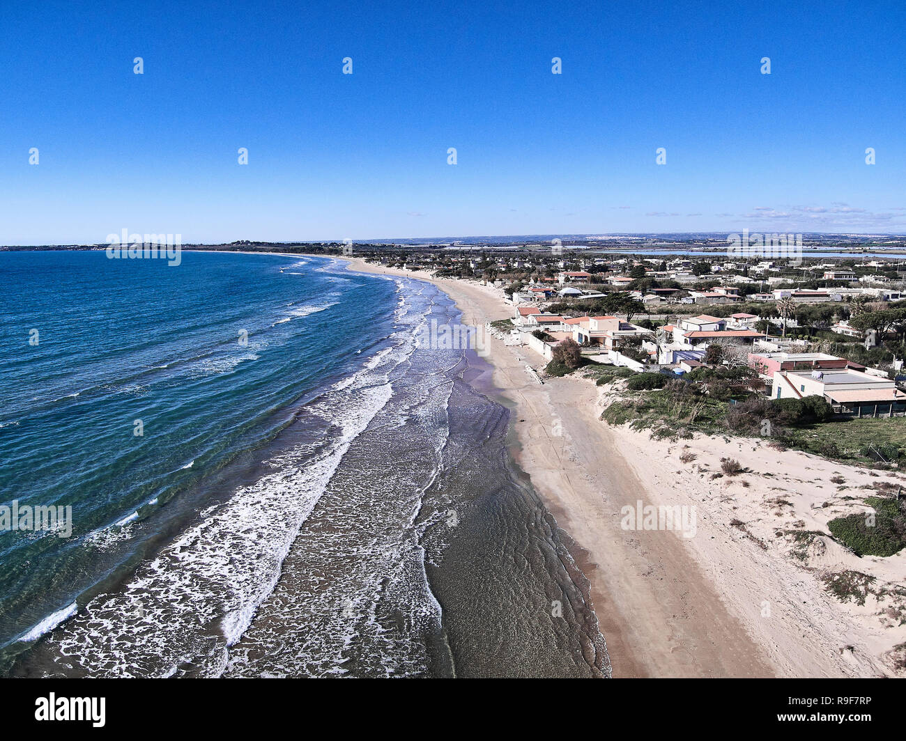 Aerial view of Granelli Beach, a seaside place in Sicily. The shot is ...
