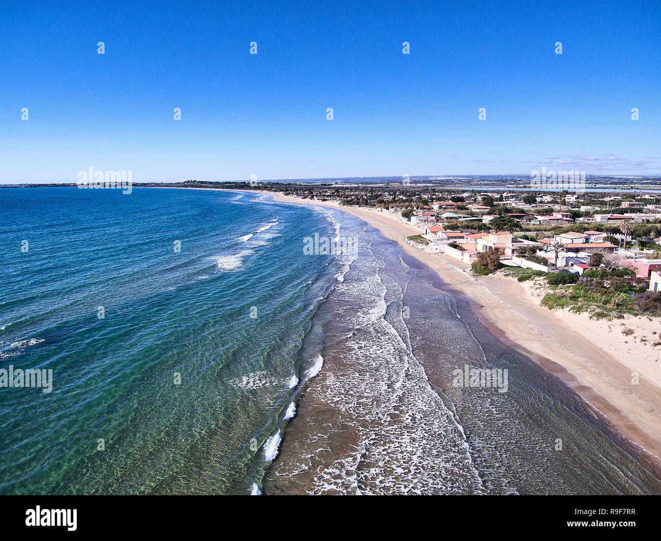 Aerial view of Granelli Beach, a seaside place in Sicily. The shot is ...