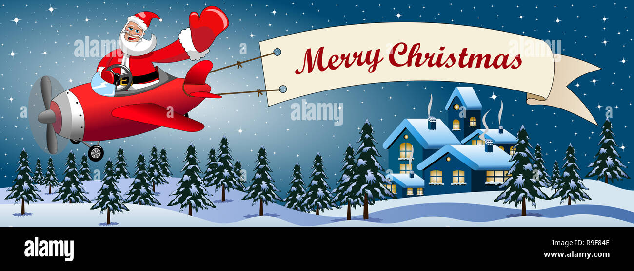 Santa claus cartoon flying on airplane with merry christmas message ...