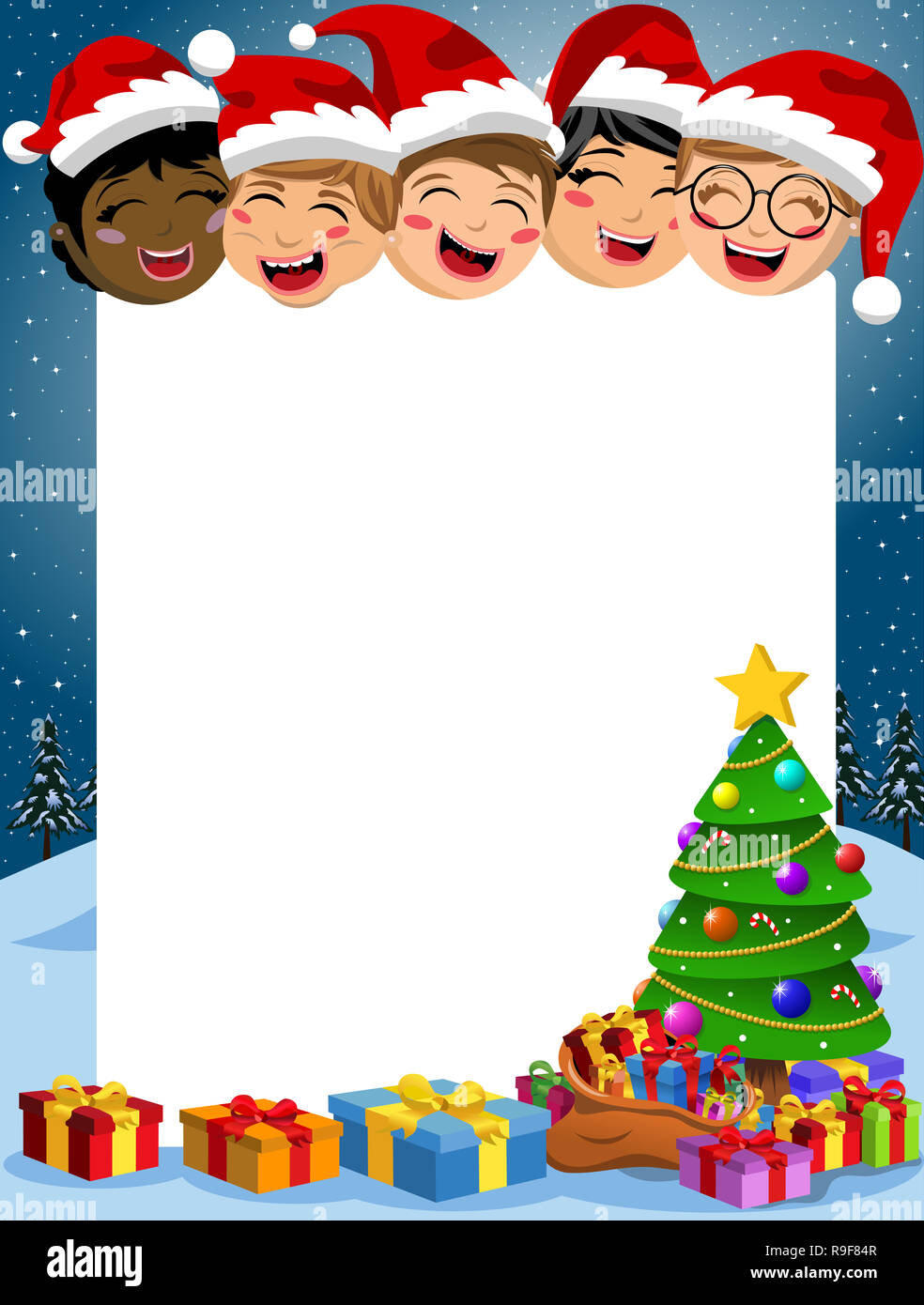 Happy multicultural kids behind blank vertical frame with xmas tree and ...