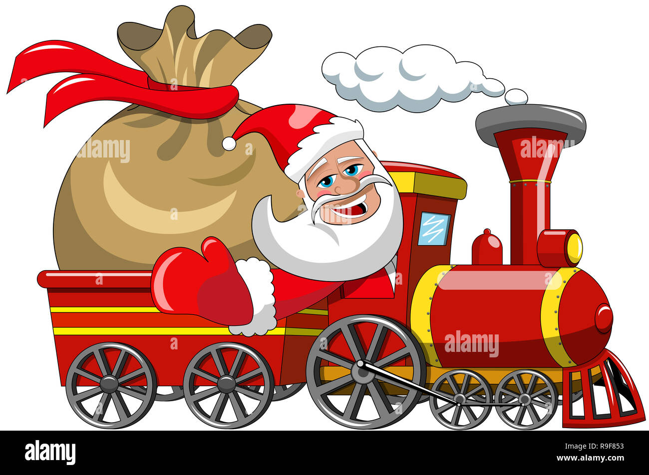 Cartoon Santa Claus Delivering Big Sack isolated by steam train Stock ...
