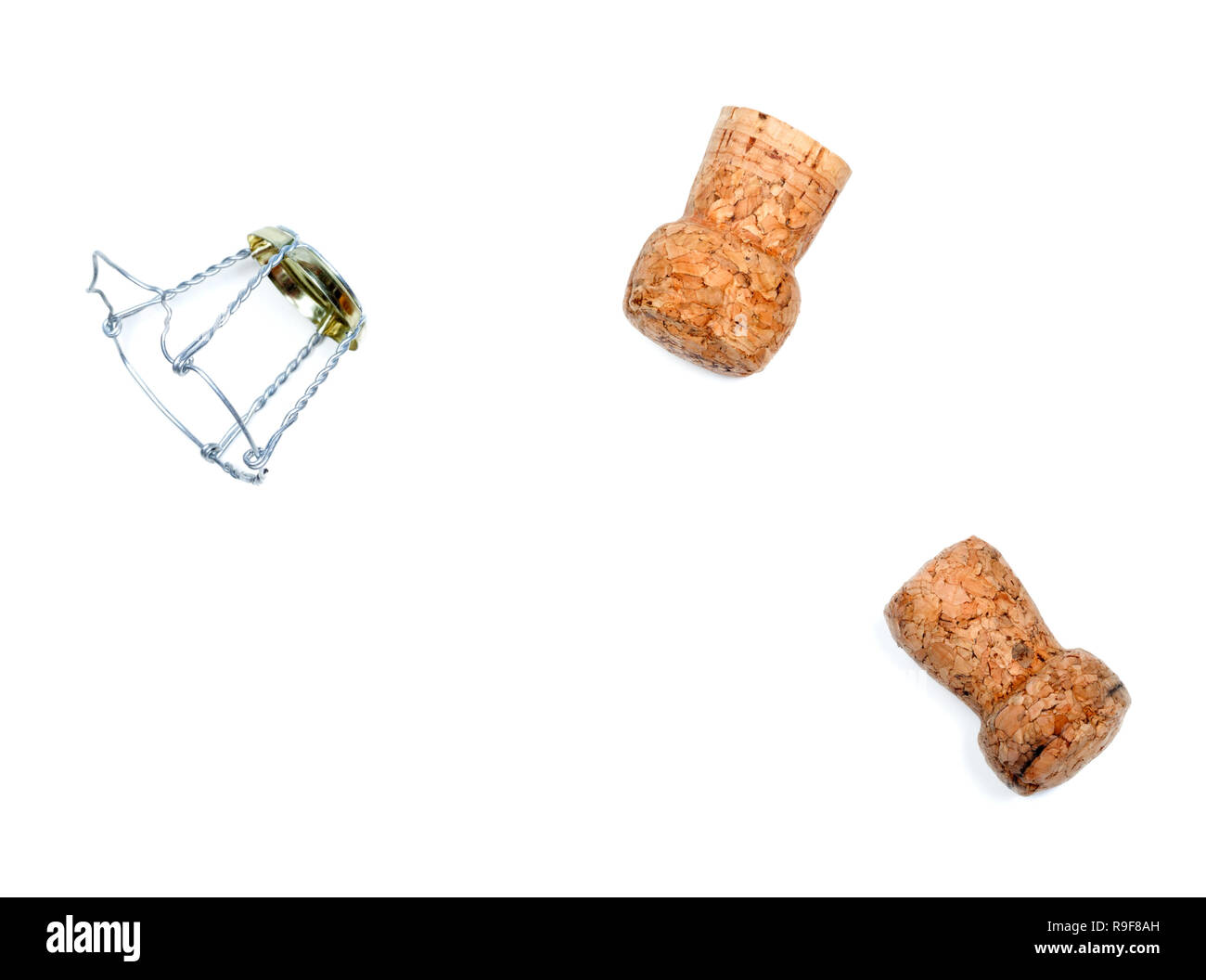 Two corks from champagne wine and muselet after party. Isolated on ...