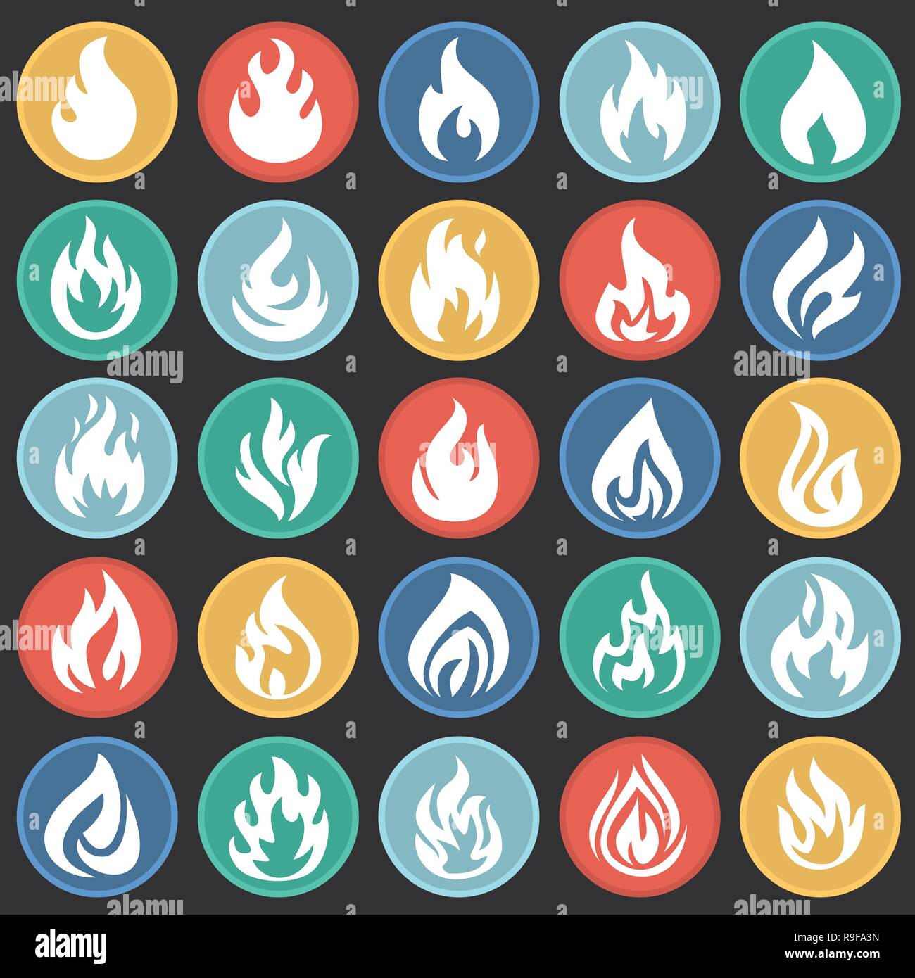 Flame icon set on color circles black background for graphic and web ...