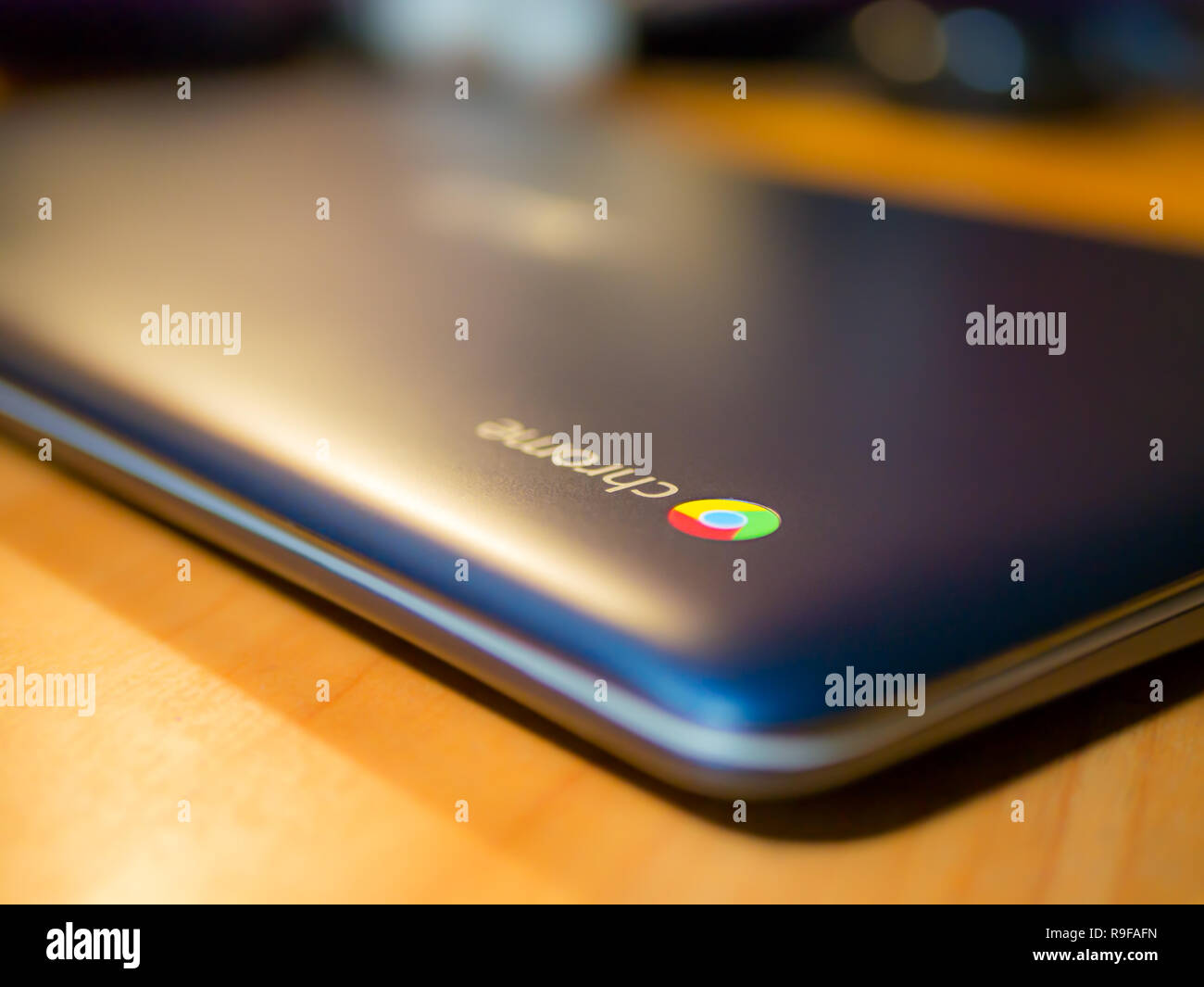 Bishkek, Kyrgyzstan - February 1, 2017: Blue Chromebook on a table ...