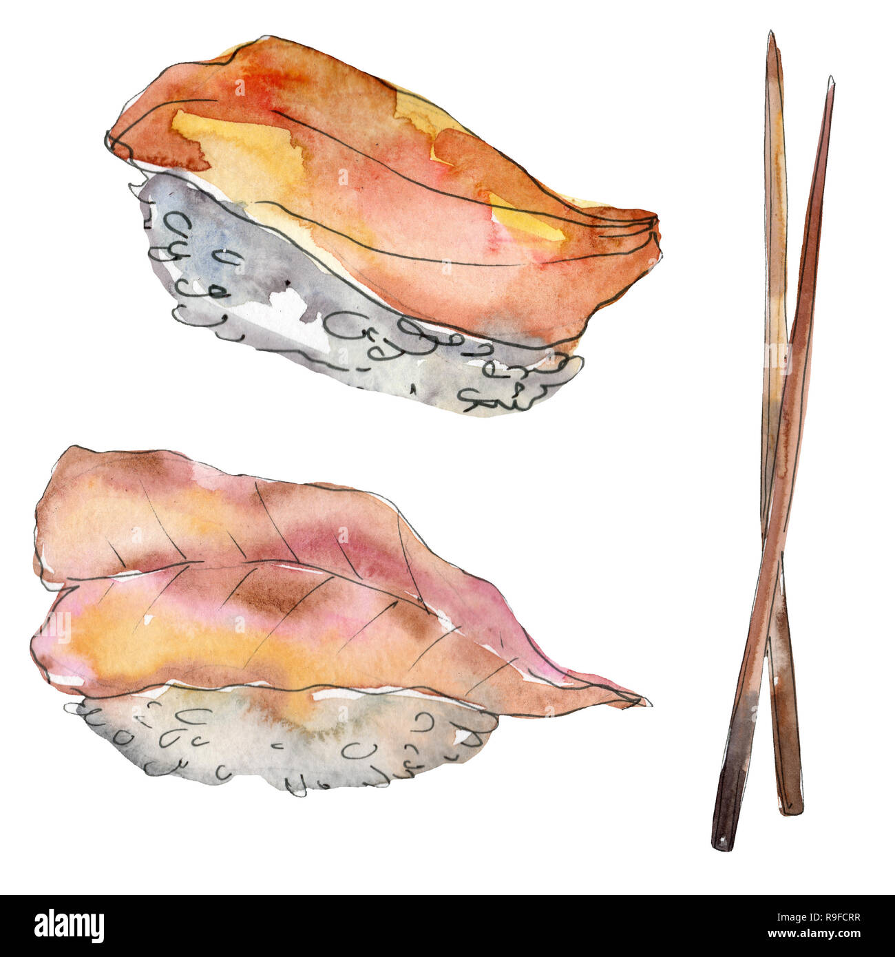 Watercolor sushi set of beautiful tasty japanese food illustration ...
