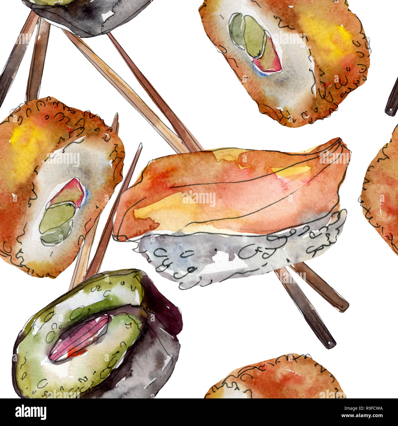 Watercolor sushi set of beautiful tasty japanese food illustration ...