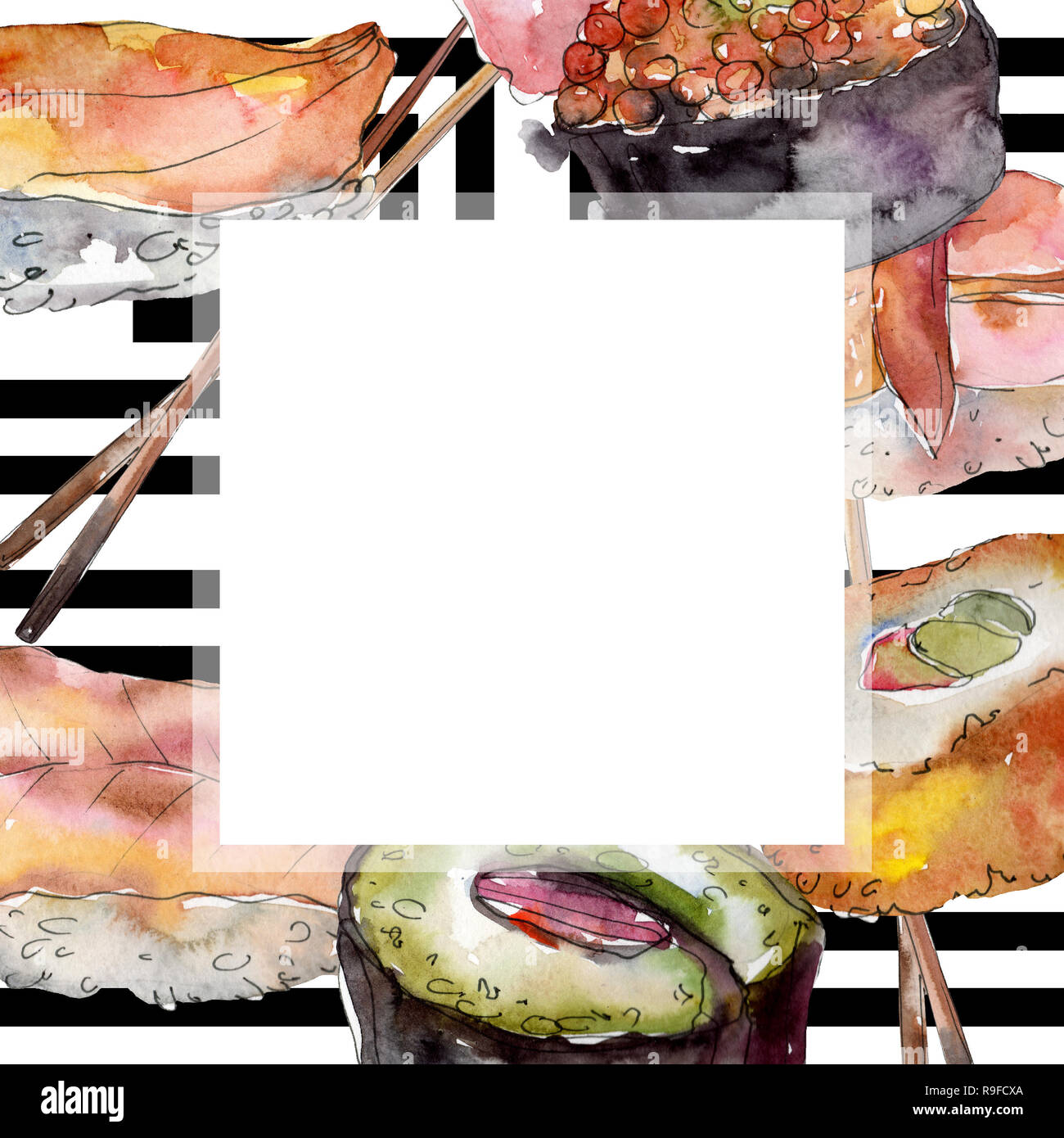 Watercolor sushi set of beautiful tasty japanese food illustration ...