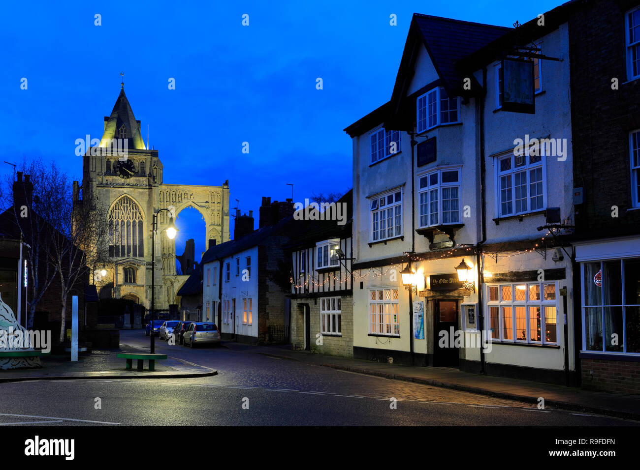Dusk view over Crowland Abbey; Crowland town; Lincolnshire; England; UK ...