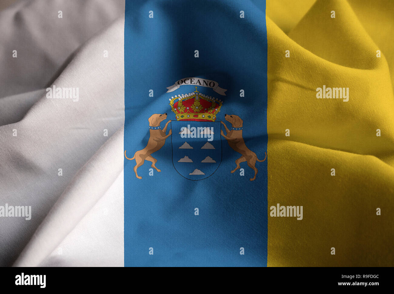 Closeup of Ruffled Canary Islands Flag, Canary Islands Flag Blowing in ...