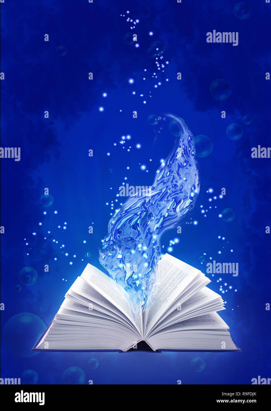Set - books of four elements. Book of water magic Stock Photo - Alamy