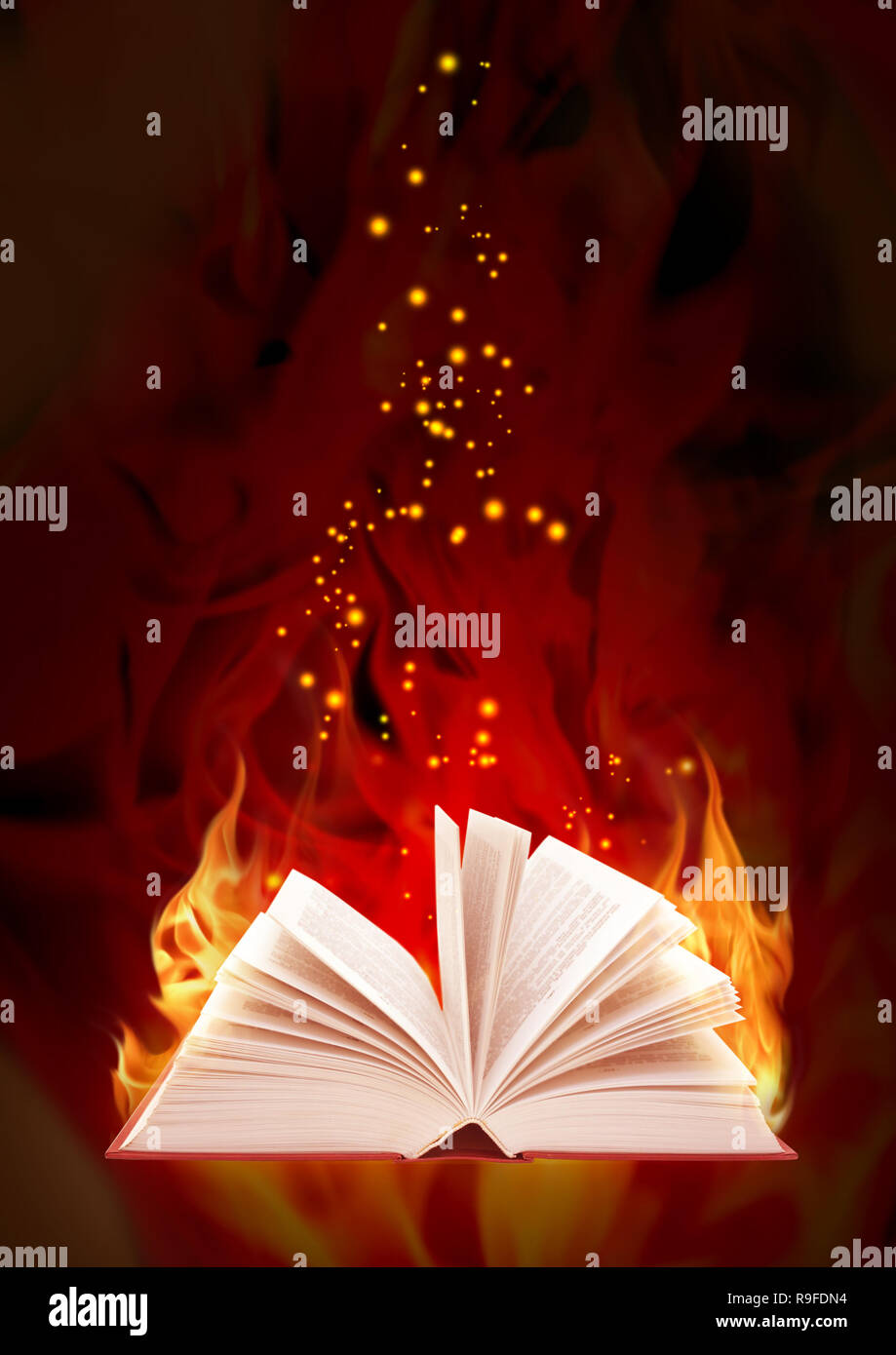 Set - books of four elements. Book of magic fire Stock Photo - Alamy