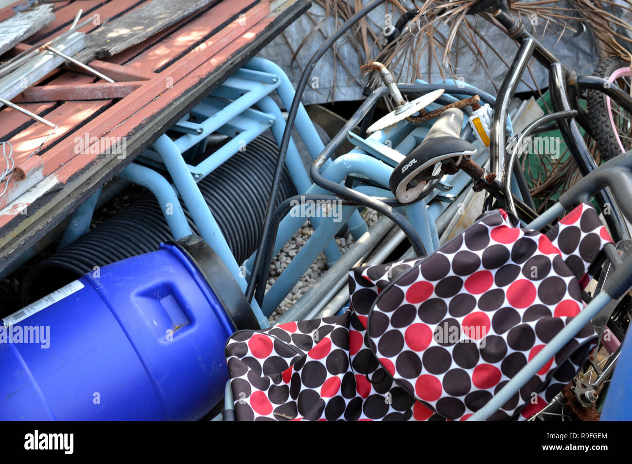 Random Junk in a hoarders backyard Stock Photo - Alamy