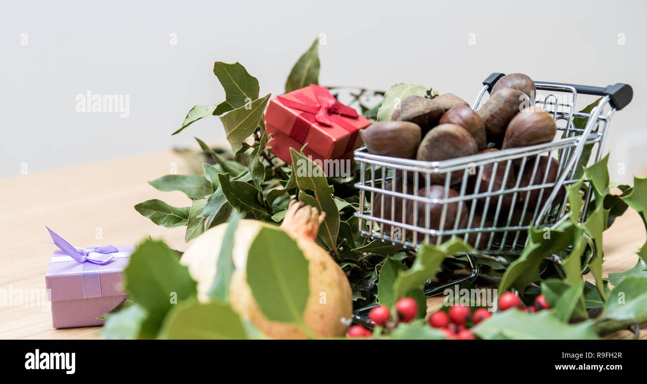 Fall and winter seasonal background, copy space image with laurel ...