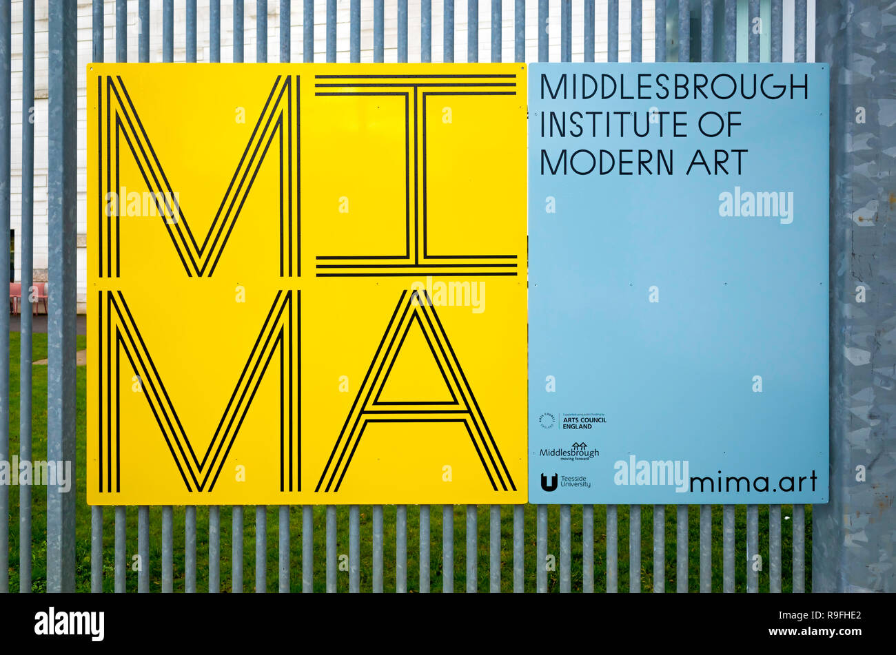 A sign for MIMA The Middlesbrough Institute of Modern Art mounted on a ...