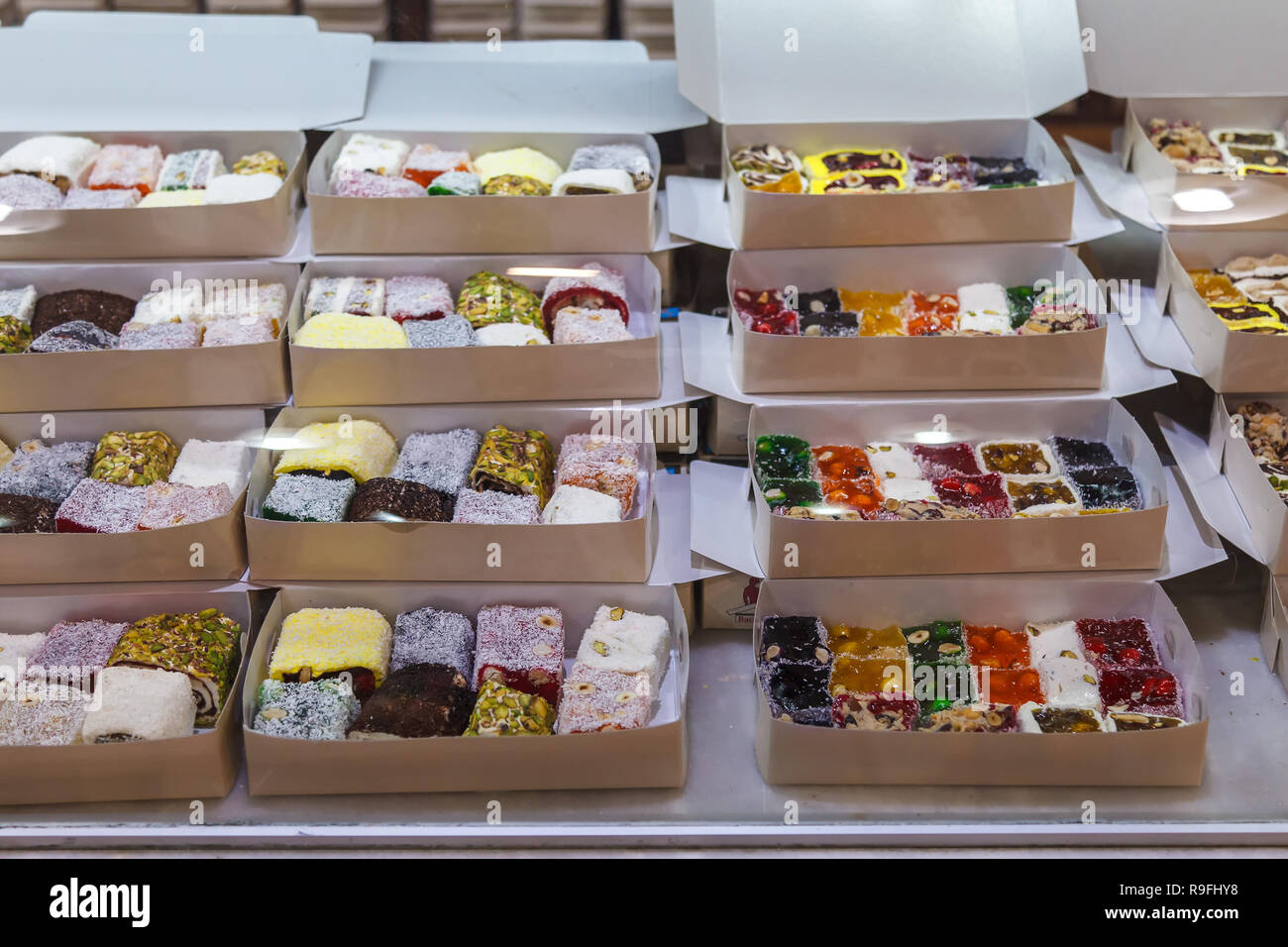 Eastern sweets Turkish delight and nougat with nuts and pistachios in ...