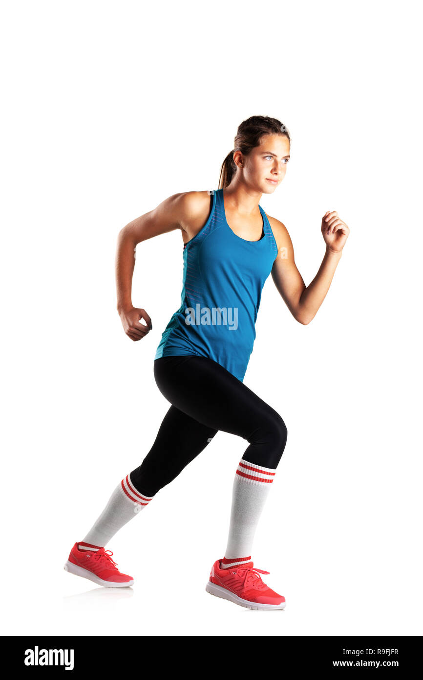 full lenght fit girl running, isolated on white background Stock Photo ...