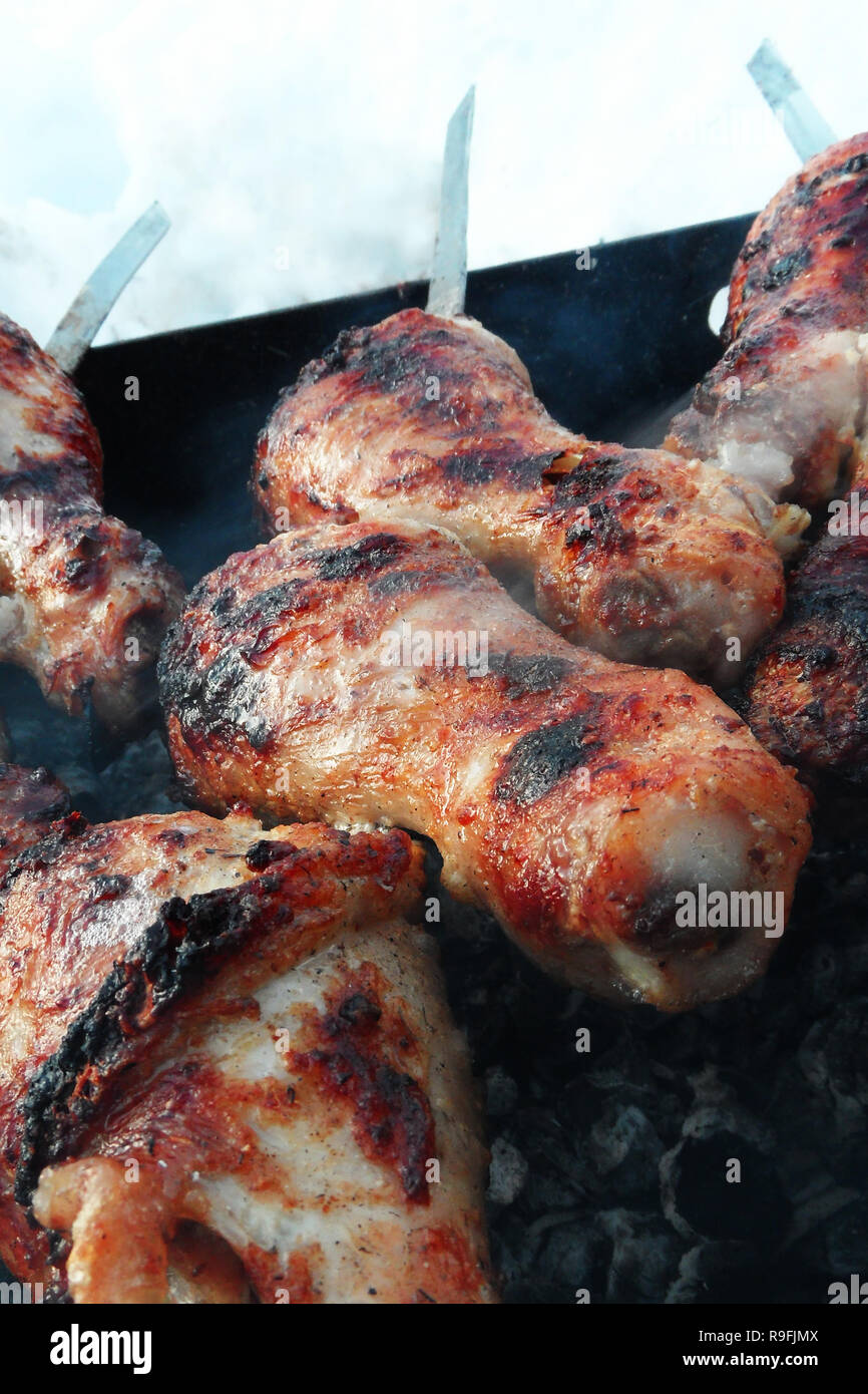 Fried Chicken Legs On The Grill with crispy crust. Closeup duck ...