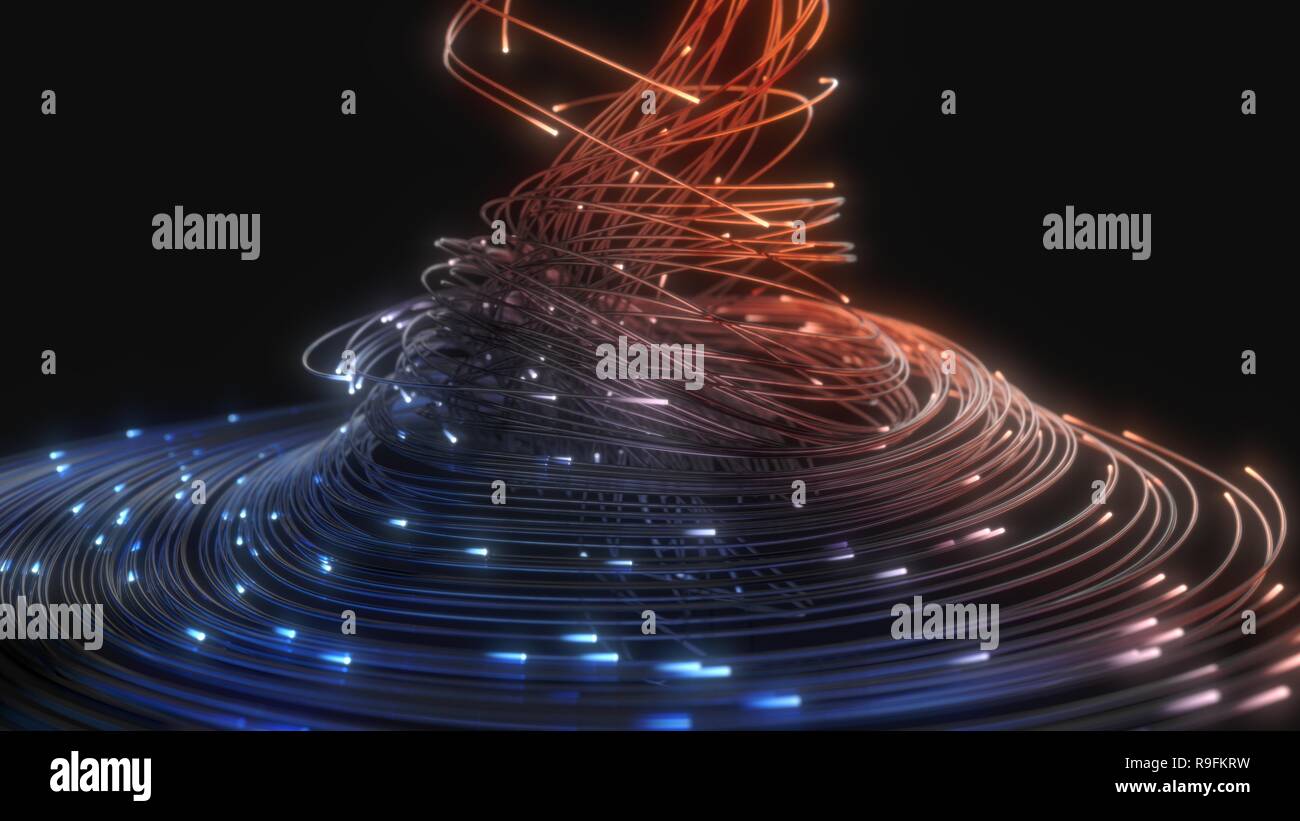 blue and orange fiber optic strings in dark. 3d illustration Stock ...