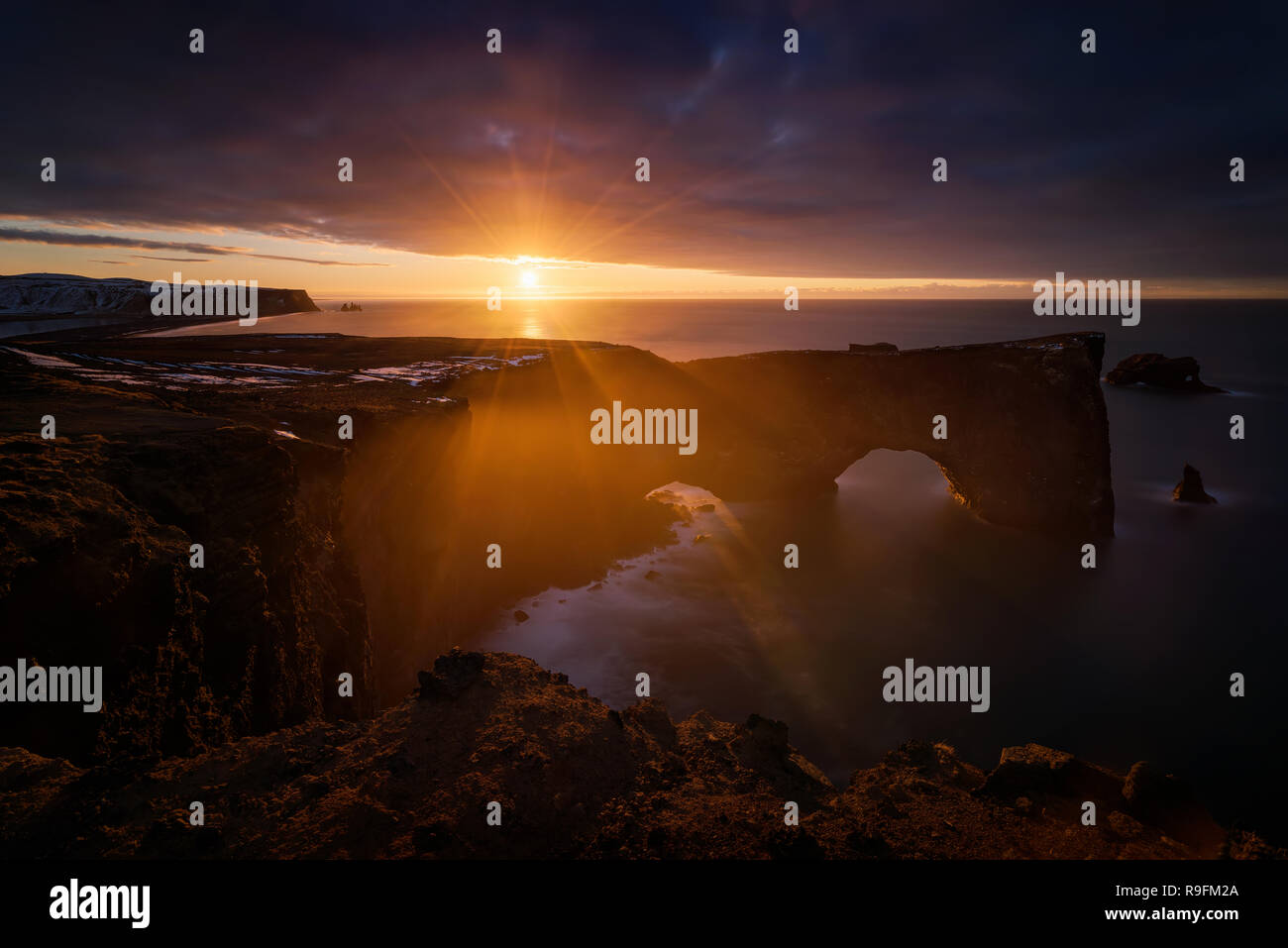 Beautiful sunrise over Dyrholaey cliffs and rocky arch, Iceland Stock ...