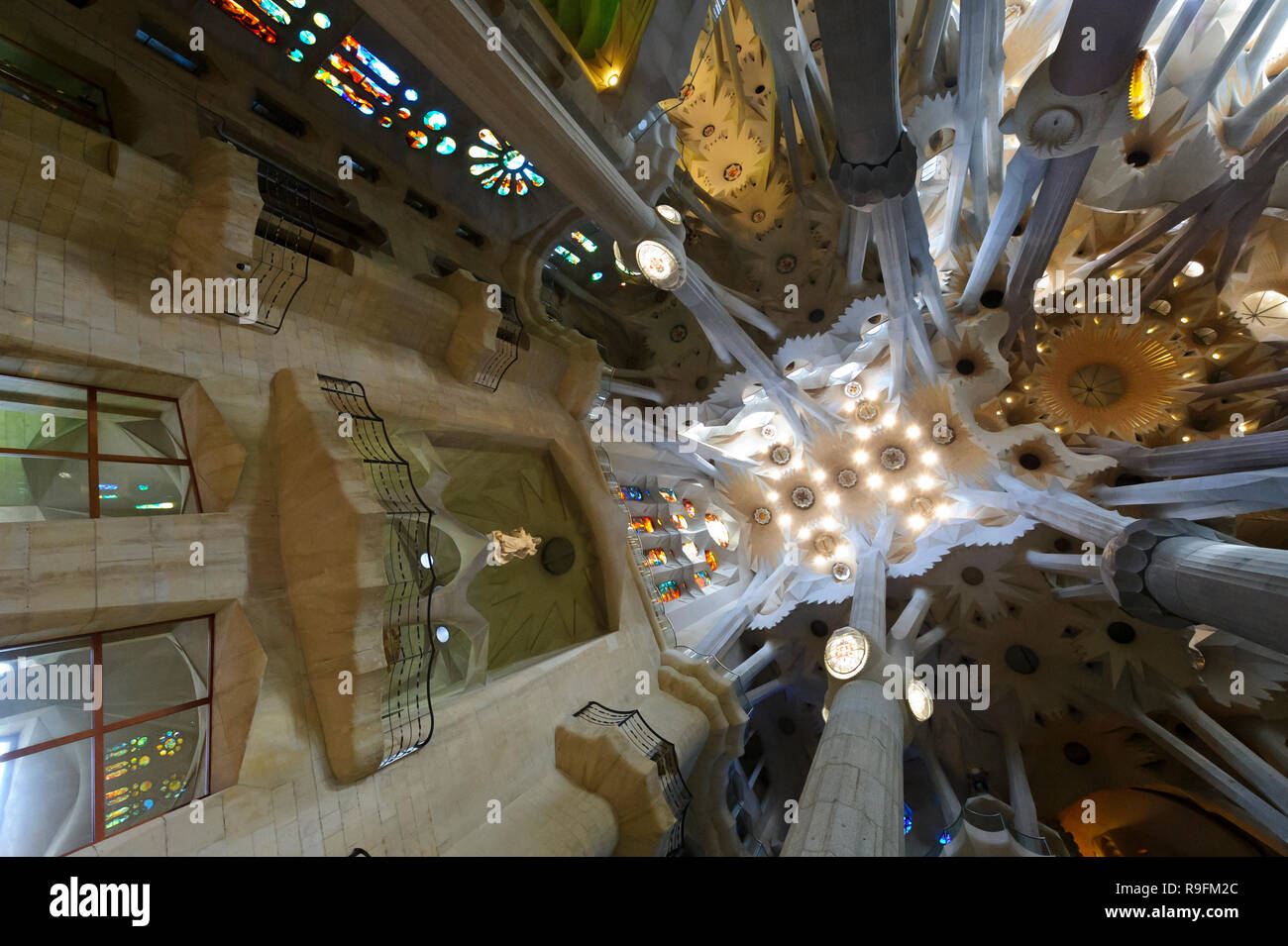 The decorative ceiling inside the Sagrada Familia designed by Antoni ...