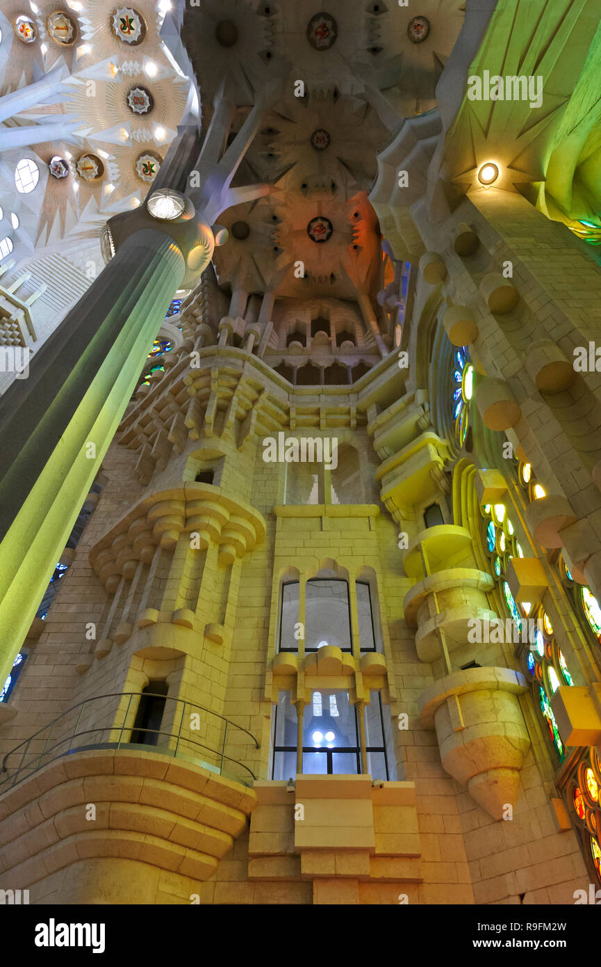 Bright colourful rays of light shining on the walls of Sagrada Familia ...