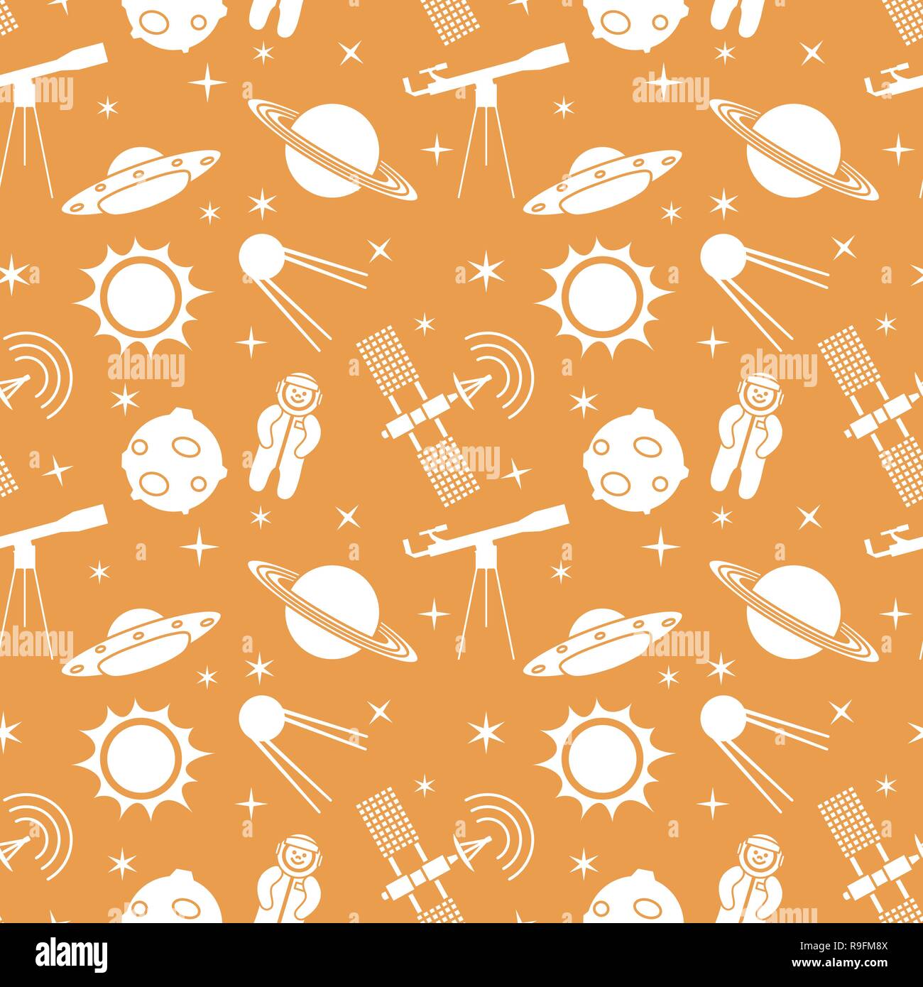 Seamless pattern with telescope, UFO, satellite, planets, astronaut ...