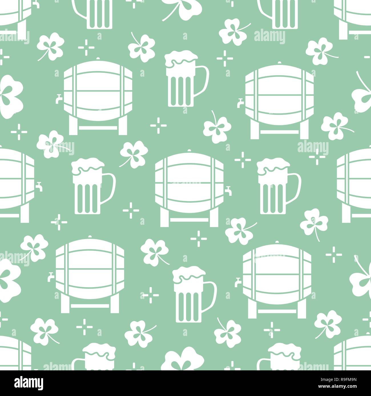 Seamless pattern with clover leaves, beer barrel, beer mug. St. Patrick ...